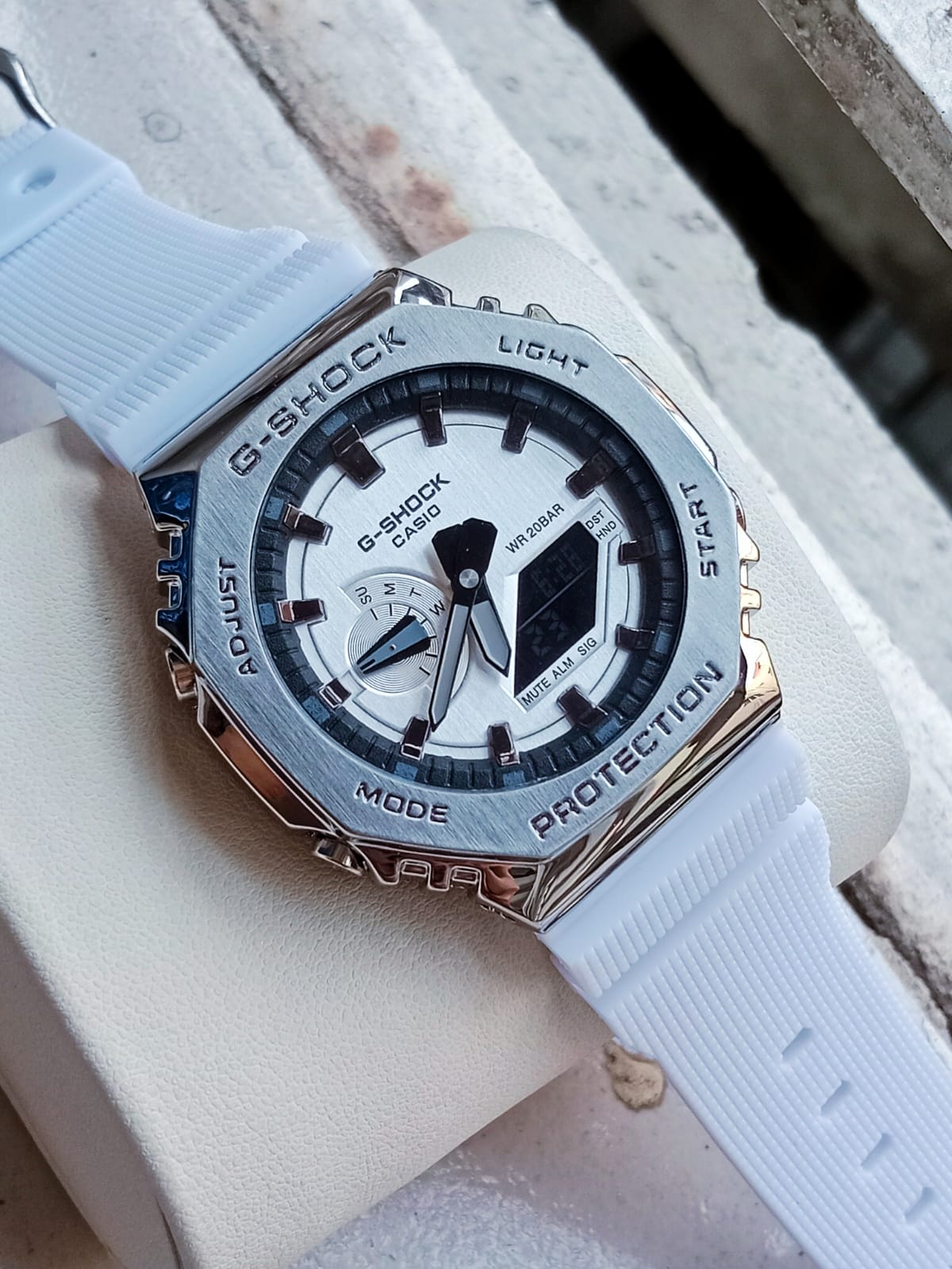 Casio G-Shock Metal Semi AAA Grade - Light Ash Dial White Strap – Timezi